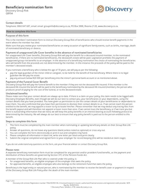 Discovery Group Risk And Funeral Beneficiary Nomination Form