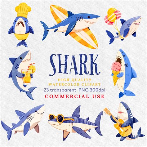 Watercolor Sharks Clipart Cute Shark Clipart Watercolor Shark Shark