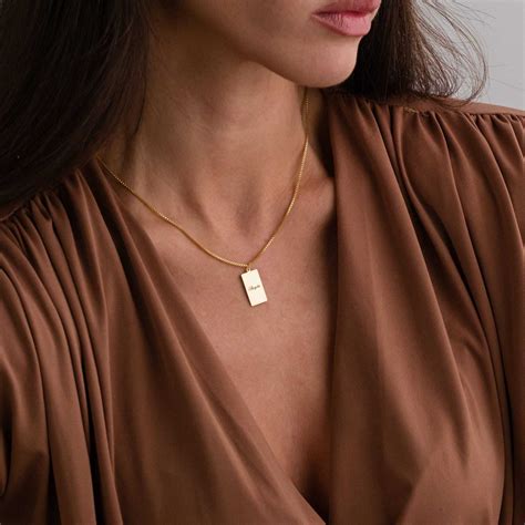 14k Gold Name Necklace Personalized Name Tag Necklace Rectangle
