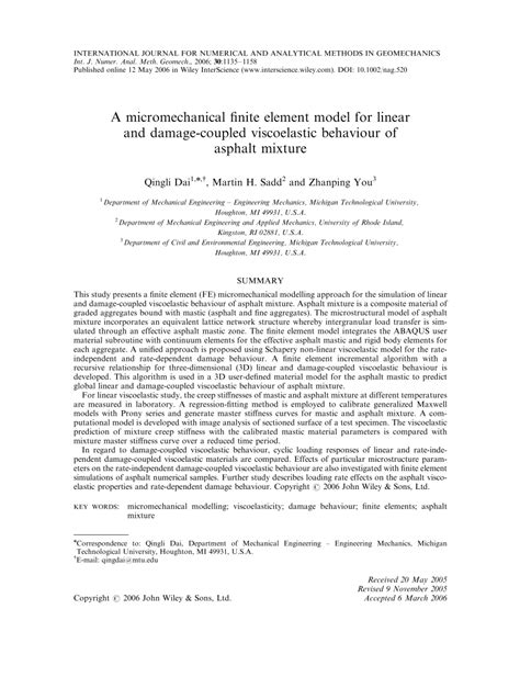 PDF A Micromechanical Finite Element Model For Linear And Damage Coupled Viscoelastic Behavior