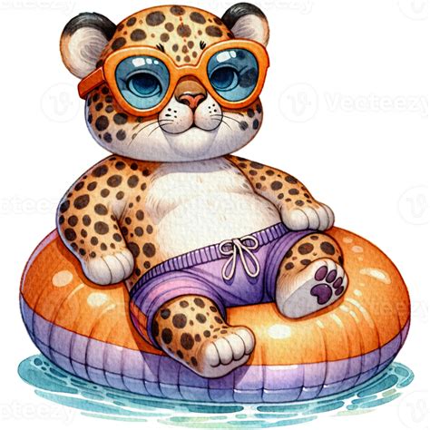 Ai Generated Leaopard Chubby Cute Lounging On A Pool Float Watercolor