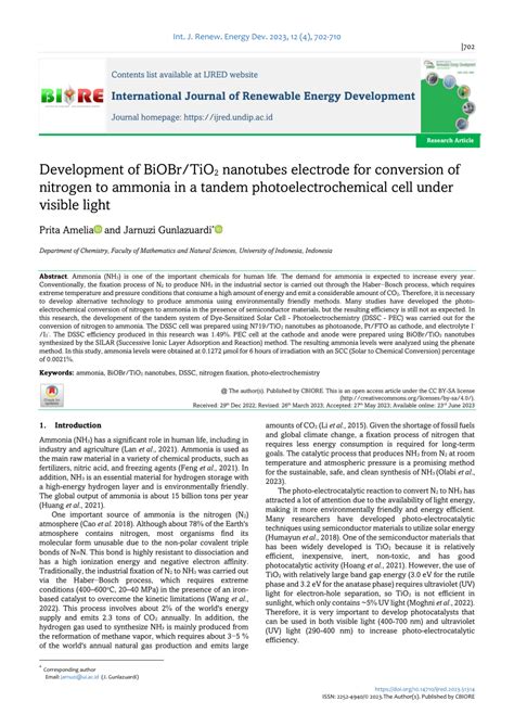 Pdf Development Of Biobr Tio2 Nanotubes Electrode For Conversion Of Nitrogen To Ammonia In A