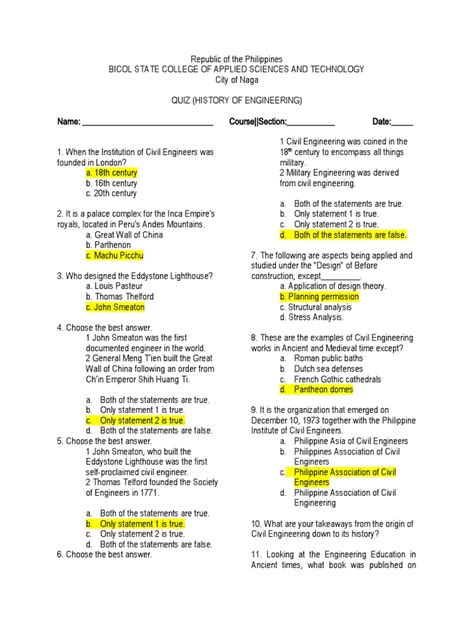 History Of Civil Engineering Quiz Final Pdf Civil Engineering Engineering