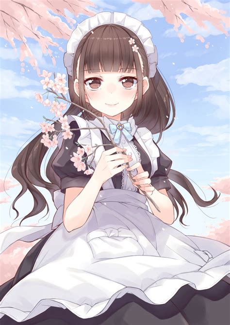 Safebooru 1girl Absurdres Apron Black Hair Blue Sky Blush Brown Eyes