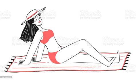 수영복과 모자를 쓴 소녀가 해변에서 일광욕을하고 있습니다 캐릭터는 선형 낙서 스타일의 여성입니다 벡터 일러스트레이션 검은색에 대한 스톡 벡터 아트 및 기타 이미지 Istock