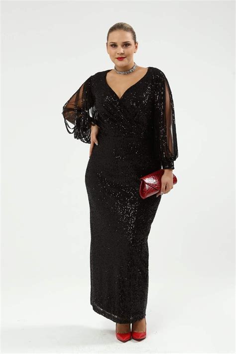 Plus Size Dress Elegant Dress Sequin Dress Long Sleeve Dress Black