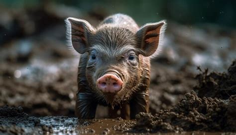 Premium Ai Image Cute Piglet In Mud Outdoors On A Farm Looking