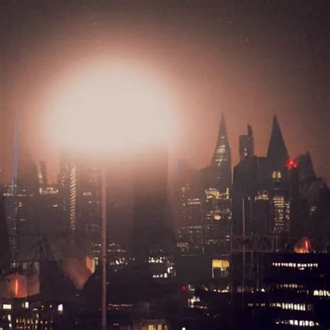 The Bat Signal Spotlight Over Smoggy Gotham City But Stable