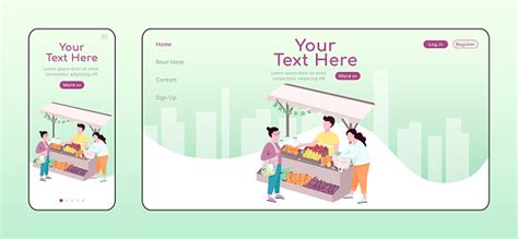 농부 야외 거리 시장 적응 착륙 페이지 플랫 컬러 벡터 템플릿 자연 및 유기농 식품 모바일 및 Pc 홈페이지 레이아웃 한 페이지 웹 사이트 Ui를 구입 웹 페이지 크로스