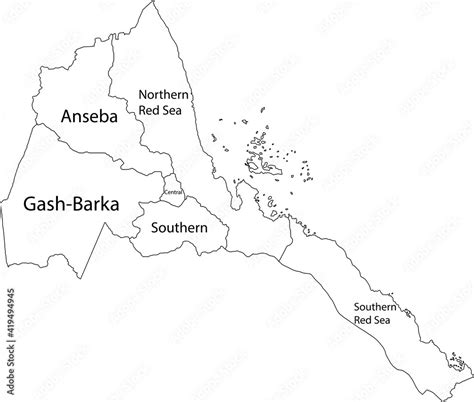 White Vector Map Of The State Of Eritrea With Black Borders And Names Of Its Regions Stock