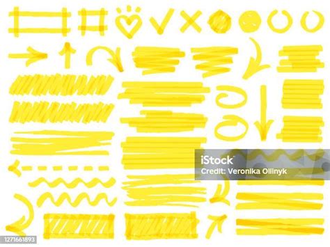 손으로 그린 마커 스트로크 노란색 마커 스트로크 라인 마커 줄무늬 및 강조 표시 요소 영구 마커 사인 벡터 일러스트레이션 세트 형광펜에 대한 스톡 벡터 아트 및 기타 이미지