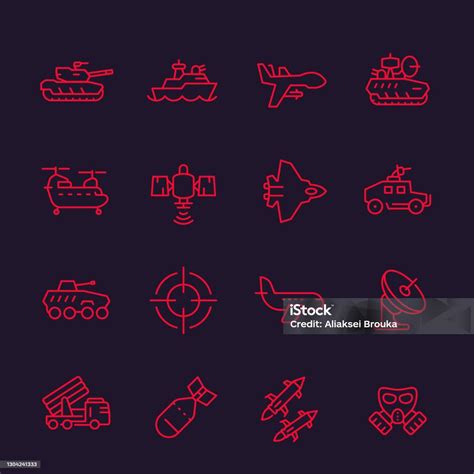 육군 군사 라인 아이콘 세트 전투 무인 항공기 탱크 항공 해군 선박 탄도 미사일 헬리콥터 대공 시스템 장갑 전투 차량 폭탄 저격