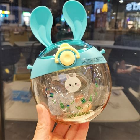 만화 엘프 토끼 도넛 어린이 음료 컵 핸들 스트랩 플라스틱 밀짚 컵 녹색