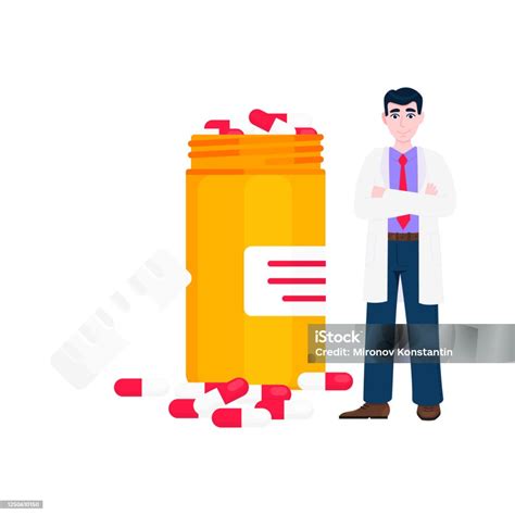알 약 개념 또는 의료 알림 평면 스타일 디자인 벡터 일러스트 를 남자 의사와 알 약 병 흰색 배경에 격리 건강 관리 약속