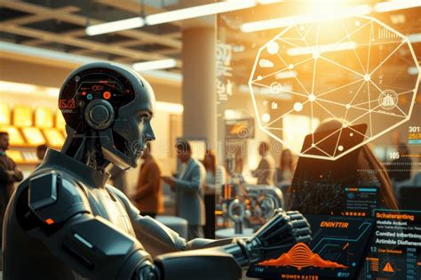 Humanoid Robot Interacts With Digital Interface In Futuristic Office Surrounded By People And