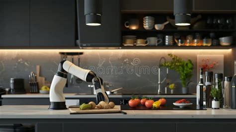 Robotic Arm Handling Vegetables In Sleek Modern Kitchen Advanced Ai Technology In Home