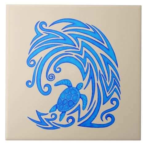 Hawaiian Honu N Wave Tribal Turtle Ceramic Tile