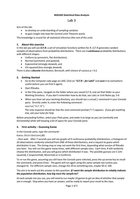 Lab 3 Lab Work R Studio Page 1 Of 2 MAS183 Statistical Data