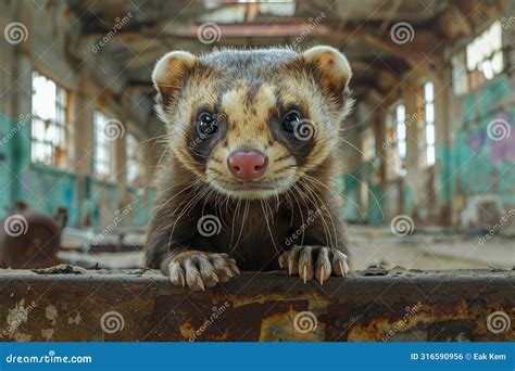 Close Up Portrait Of A Cute Ferret In An Abandoned Industrial Setting