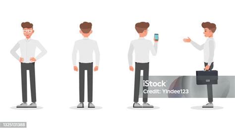 사업가는 흰색 정장 캐릭터 벡터 디자인을 착용합니다 다양한 액션으로 프리젠 테이션 감독에 대한 스톡 벡터 아트 및 기타 이미지
