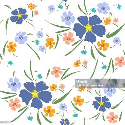 꽃 꽃 원활한 패턴 무작위로 흩어져 있는 식물 모티프 손으로 그린 파란색 분홍색 오렌지 꽃잎 스케치 흰색 배경에 그리기 색상 벡터 그림 개화기에 대한 스톡 벡터 아트 및