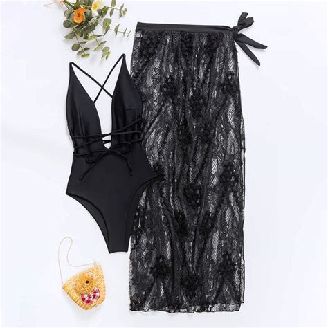 Deep V Backless One Piece Swimsuit With Lace Beach Skirt Gthic