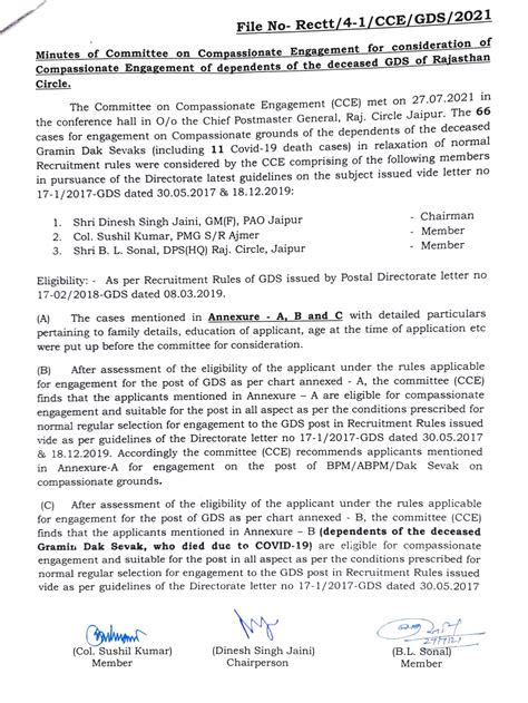 Compassionate Appointment Of The Deceased Gds Of Rajasthan Circle
