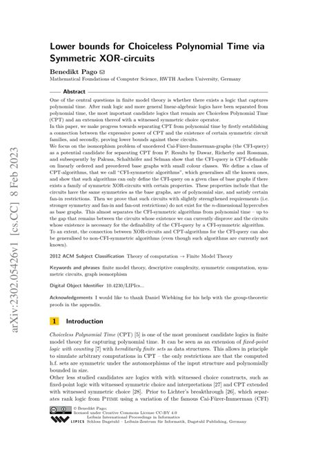 Pdf Lower Bounds For Choiceless Polynomial Time Via Symmetric Xor Circuits
