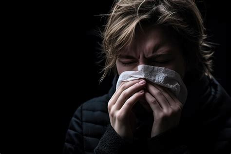 Premium Photo Person Blowing Nose With Tissue Against Dark Background