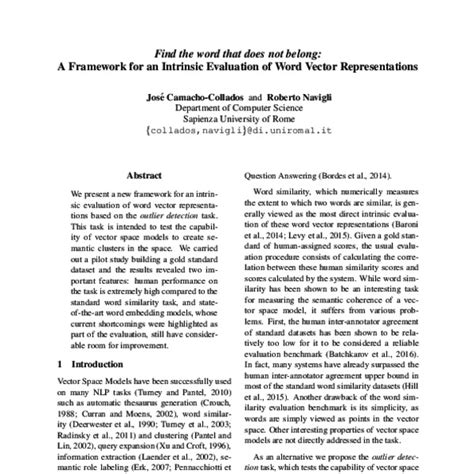 Find The Word That Does Not Belong A Framework For An Intrinsic Evaluation Of Word Vector