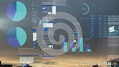 Animation Of Screens With Statistical Data Processing Against Sunset