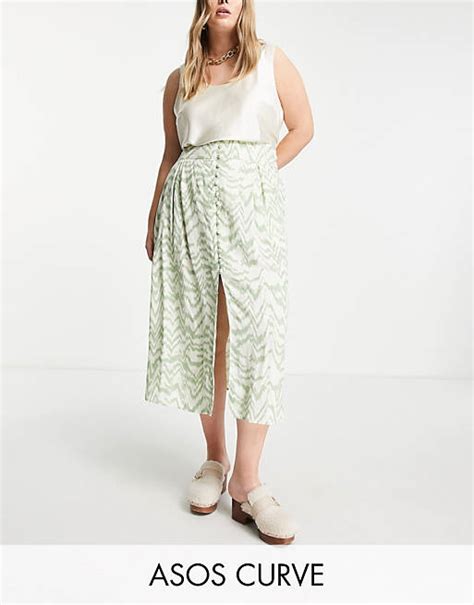 Asos Design Curve Button Through Midi Skirt With Split In Sage And