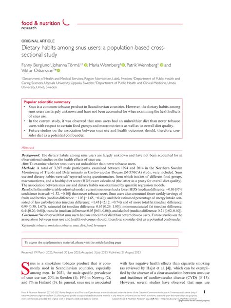 Pdf Dietary Habits Among Snus Users A Population Based Cross