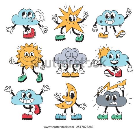 Set Groovy Vintage Characters Different Weather Stock Vector Royalty