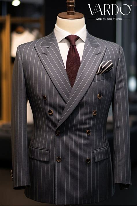 Formal Dark Grey Stripe Double Breasted Suit For Men Classic Look Tailored Suit The Rising Sun