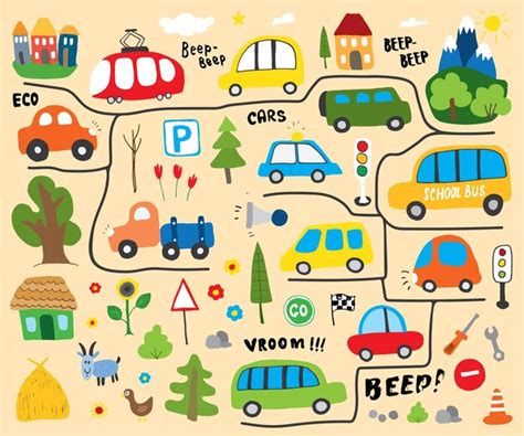 만화 세트 귀여운 교통 듀들 컬렉션 터 일러스트레이션 프리미엄 벡터