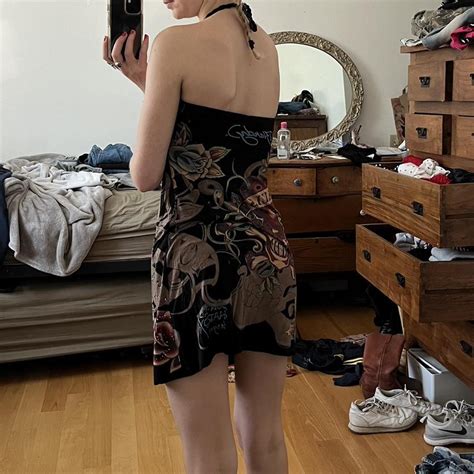 Vintage Ed Hardy Halter Mini Dress Super Cool Print Depop