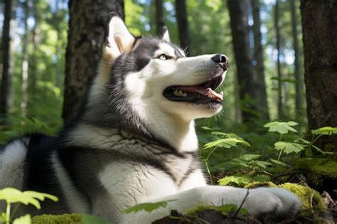 Premium Ai Image A Black And White Husky Dog Sitting In The Woods