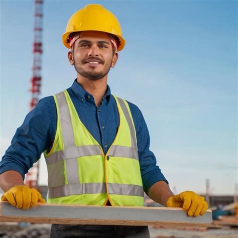 A Man Wearing A Hard Hat Is Holding A Piece Of Wood Premium Ai