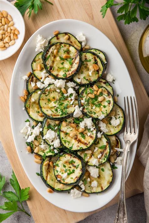 Grilled Zucchini With Feta Cheese And Pine Nuts Stock Image Image Of