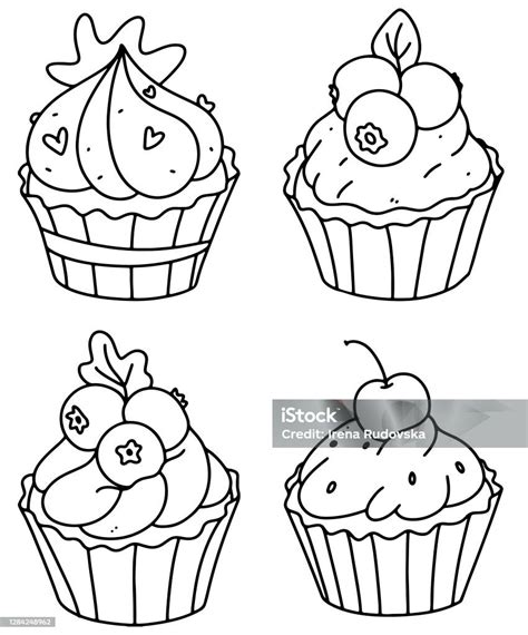หน้าระบายสีคัพเค้กน่ารัก คัพเค้ก Setoutline Doodle ภาพประกอบเวกเตอร์