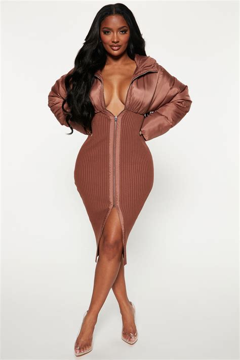 Kim Puffer Midi Dress Mocha Fashion Nova Dresses Fashion Nova