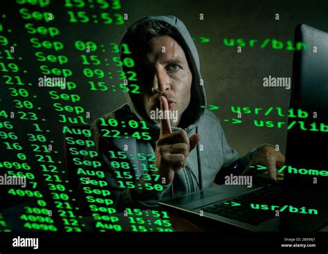 Computer Programmer Man In Hoodie Hacking System Entering Code Typing On Laptop Hacking And