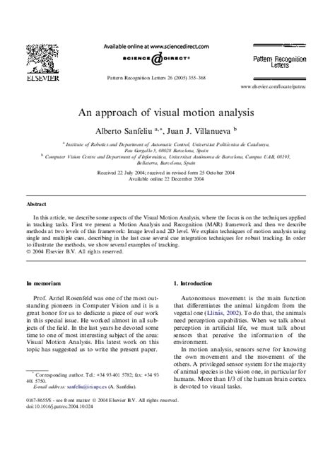 Pdf An Approach Of Visual Motion Analysis Alberto Sanfeliu