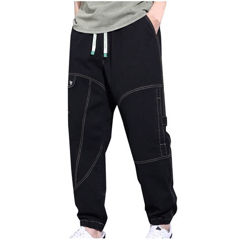 Leesechin Mens Elastic Waist Jeans Relaxed Fit Mens Cargo Tapered