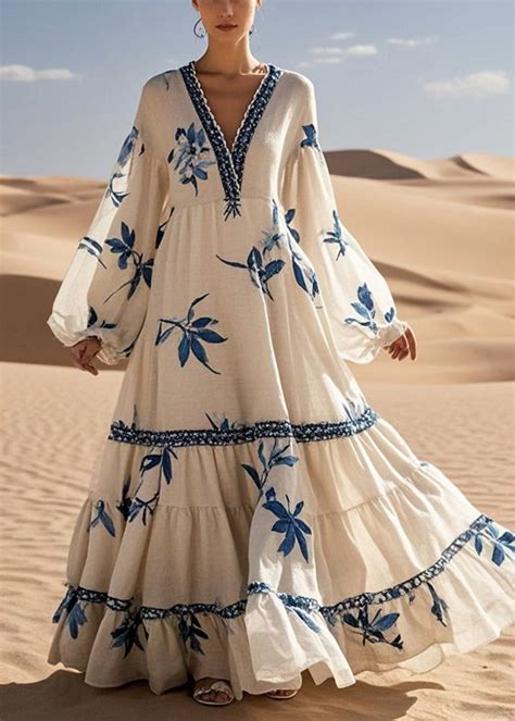 Plus Size White Print Exra Large Hem Cotton Maxi Dress Fall Maxi