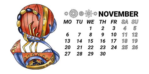 2023 년 11 월 수평 달력 페이지 스팀펑크 스타일의 조디악 사인 전갈자리는 수채화로 손으로 그려져 있습니다 환상적인 조디악 표지판이있는 2023 년 달력 교통수단에