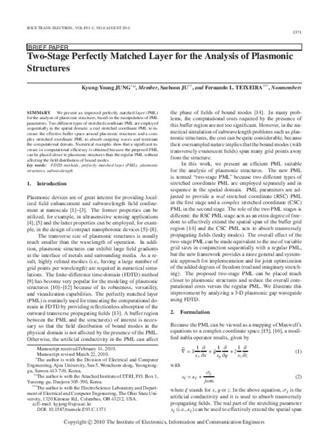 Pdf Two Stage Perfectly Matched Layer For The Analysis Of Plasmonic Structures