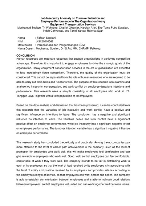 Pdf Job Insecurity Anomaly On Turnover Intention And Employee Performance In The Organization