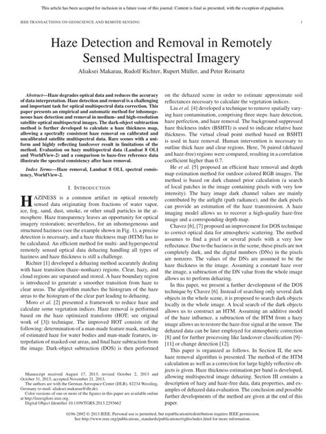 pdf haze detection and removal in remotely sensed multispectral imagery